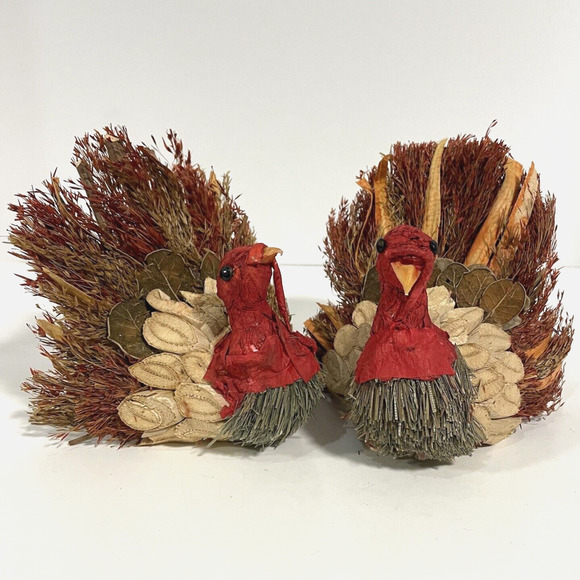 Handmade | Holiday | Vintage 2 Turkeys Harvest Straw Wood Centerpiece ...
